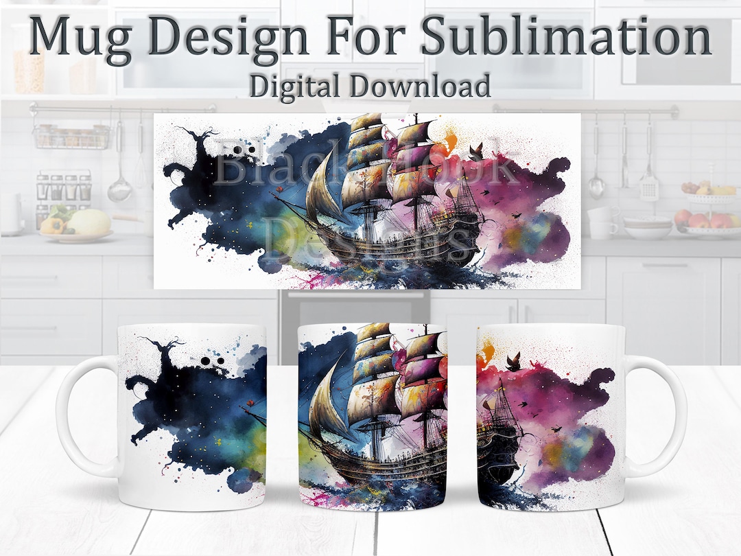 Pirate Ship Mug Design, Watercolour Nautical Sublimation Art, Colorful ...