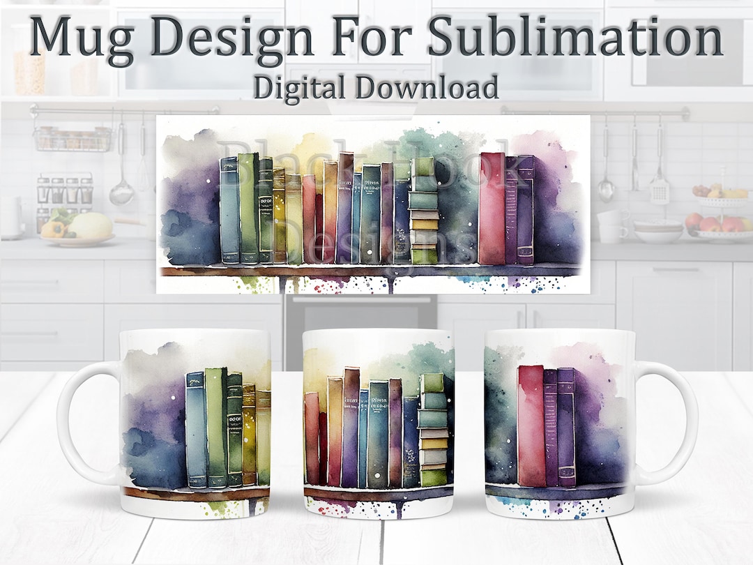 Watercolour Books Mug Design, Watercolour Sublimation Design, Bookshelf ...