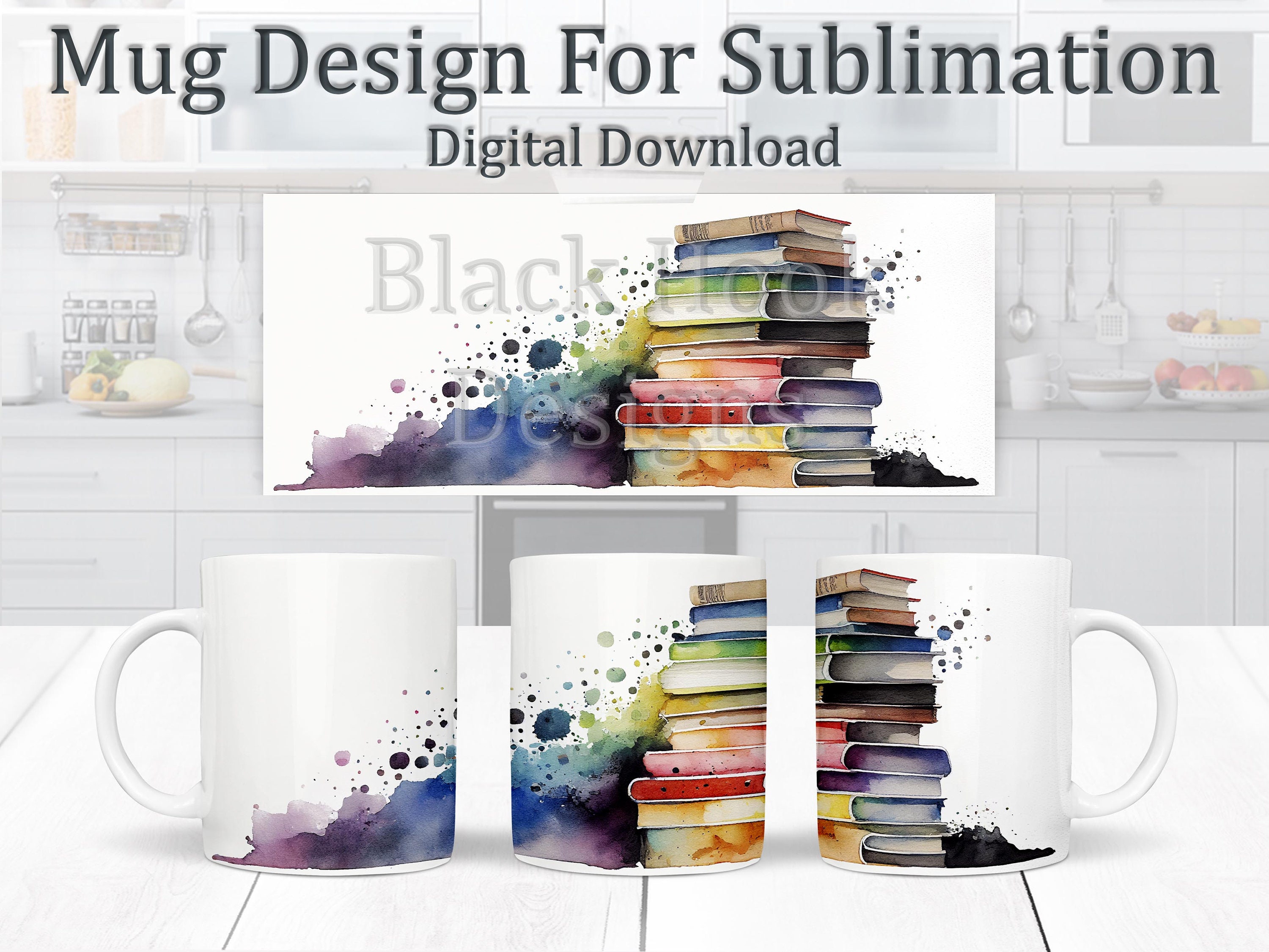Sublimation Mug Design, Watercolour Books Design, Paint Splashes Mug ...