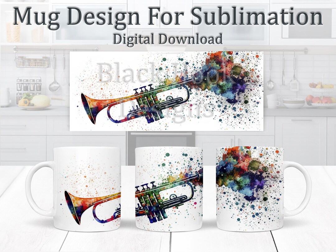 Watercolour Bugle Mug Design, Watercolour Musical Sublimation Design ...