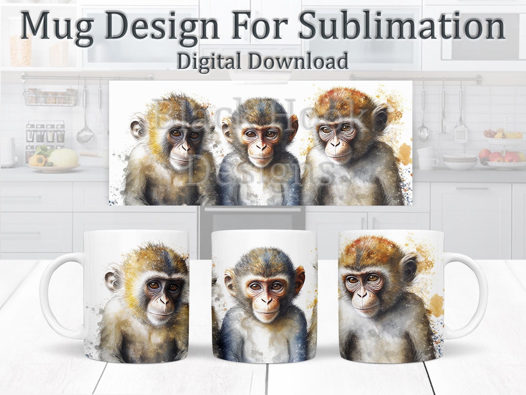 Monkeys Sublimation Mug Design, Watercolour Animal Design, Paint ...