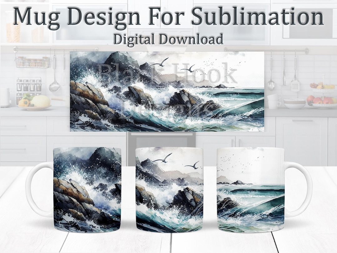 Seascape Scene Mug Design, Watercolour Crashing Waves Sublimation ...