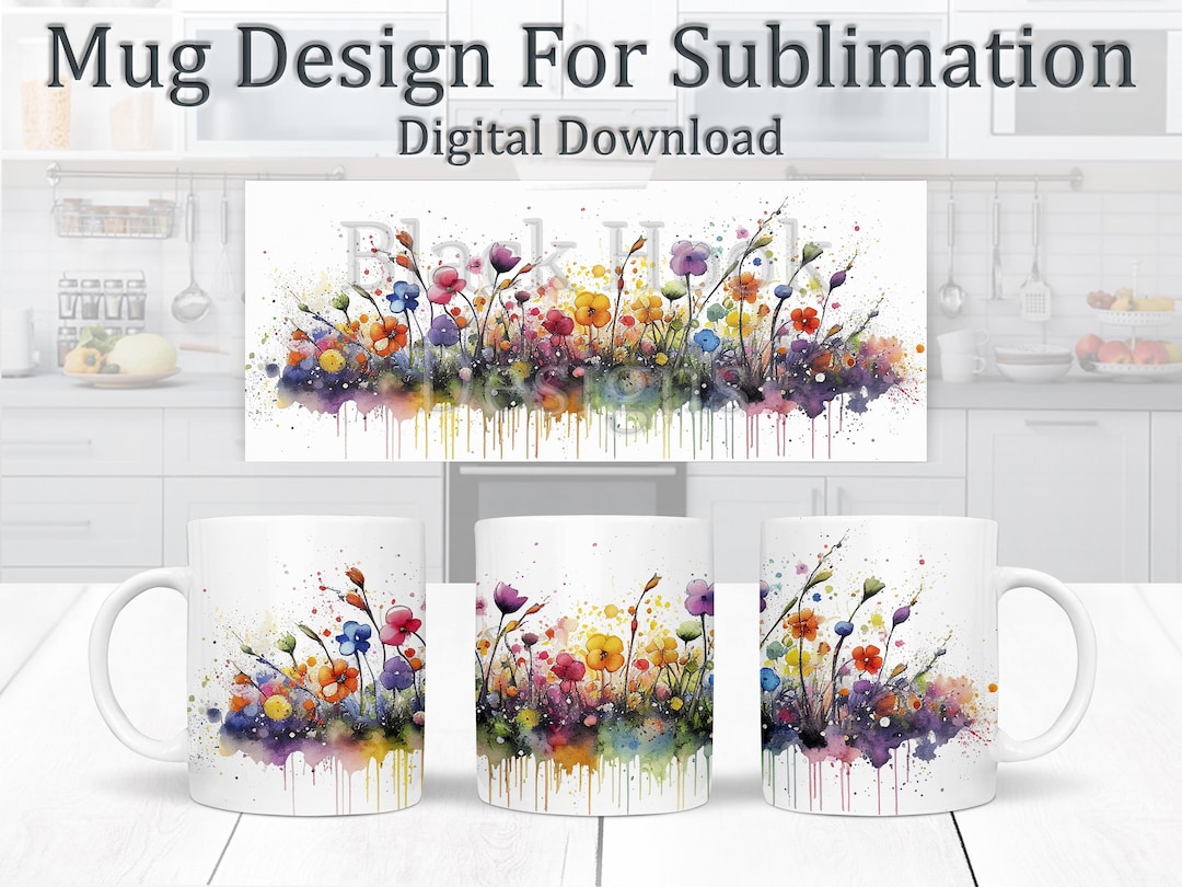 Floral Mug Design, Watercolour Wildflower Landscape Sublimation Design ...