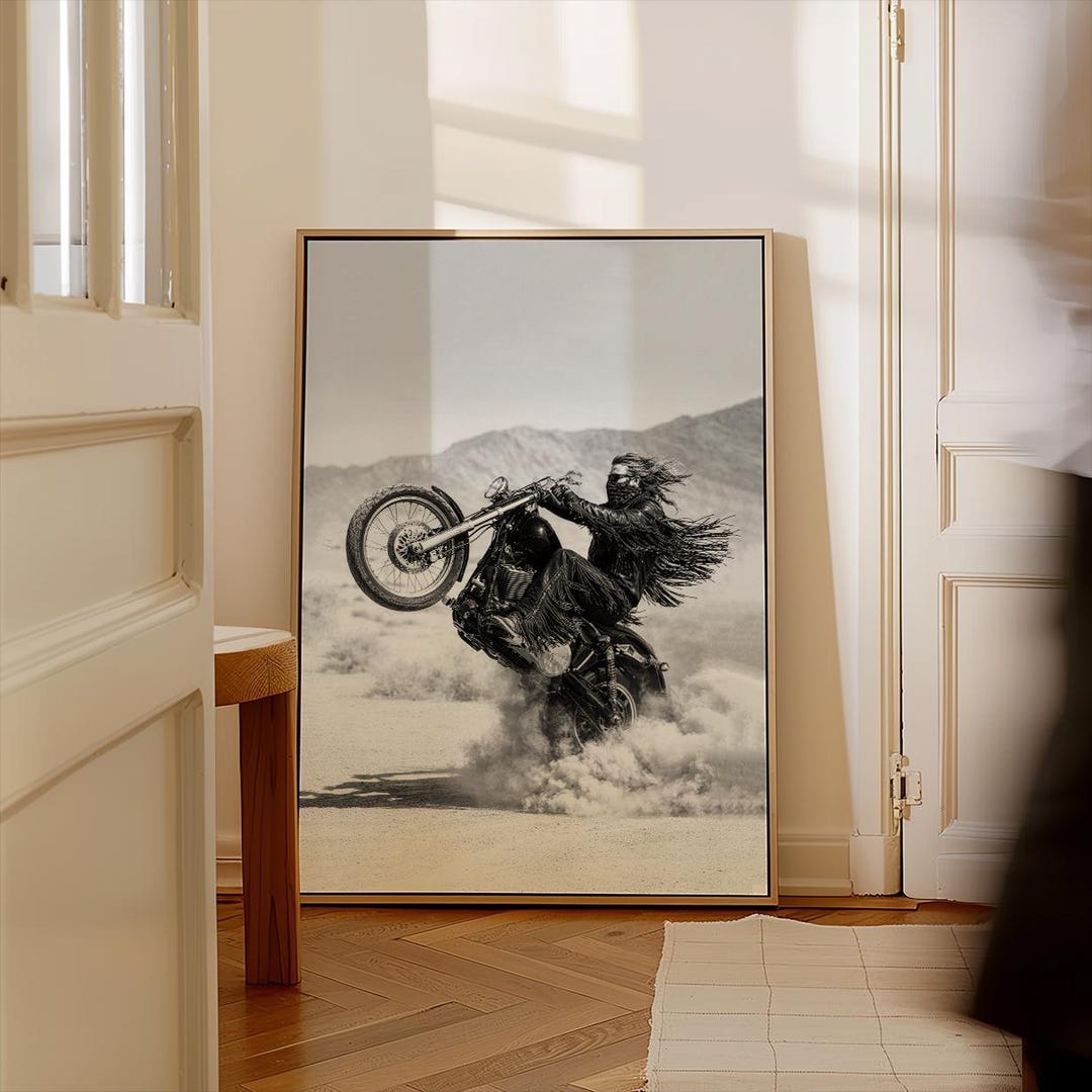 Motorcycle Wheelie Poster, Black and White Biker in Desert Poster ...