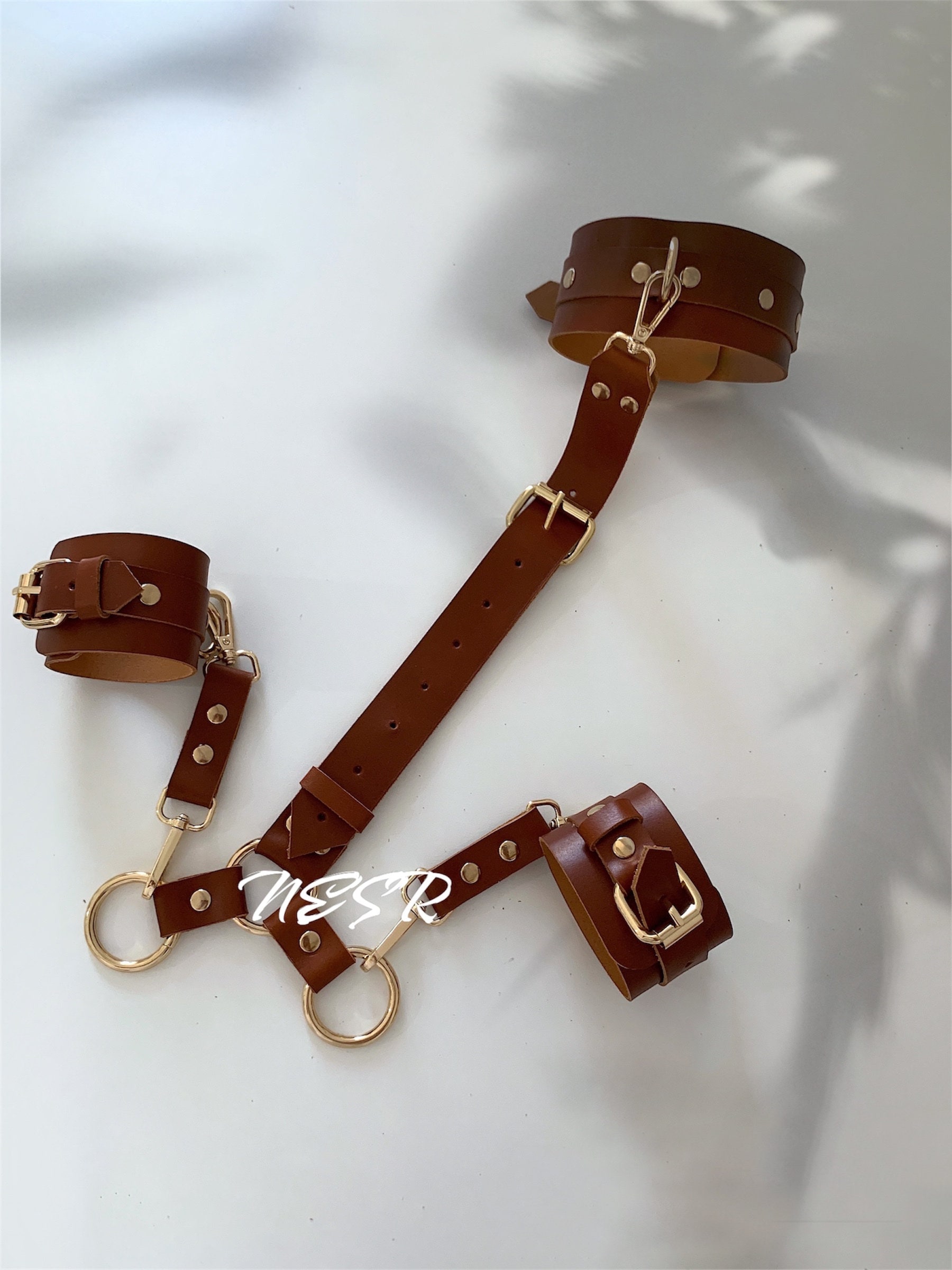 Leather Collar and Handcuff, Harness for Women, Cuffs and Collar Choker ...