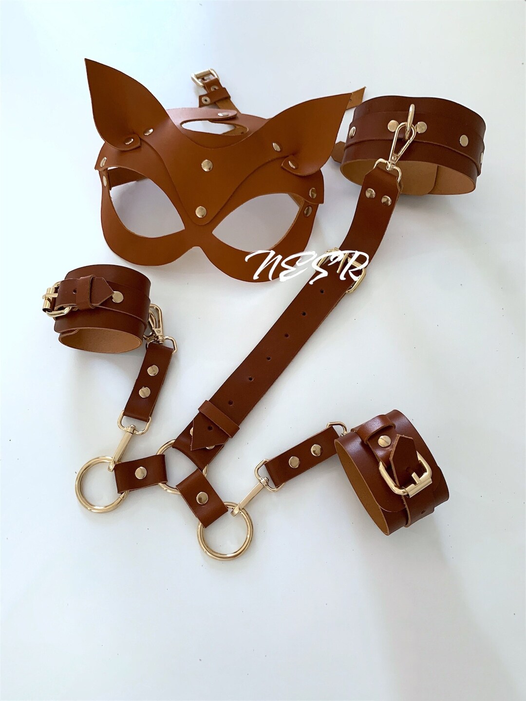 Leather Collar and Handcuff, Harness for Women, Cuffs and Collar Choker ...