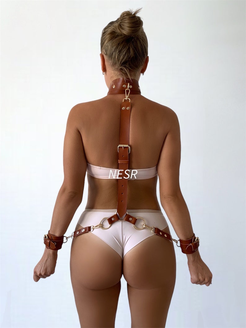 Leather Collar and Handcuff, Harness for Women, Cuffs and Collar Choker - Etsy