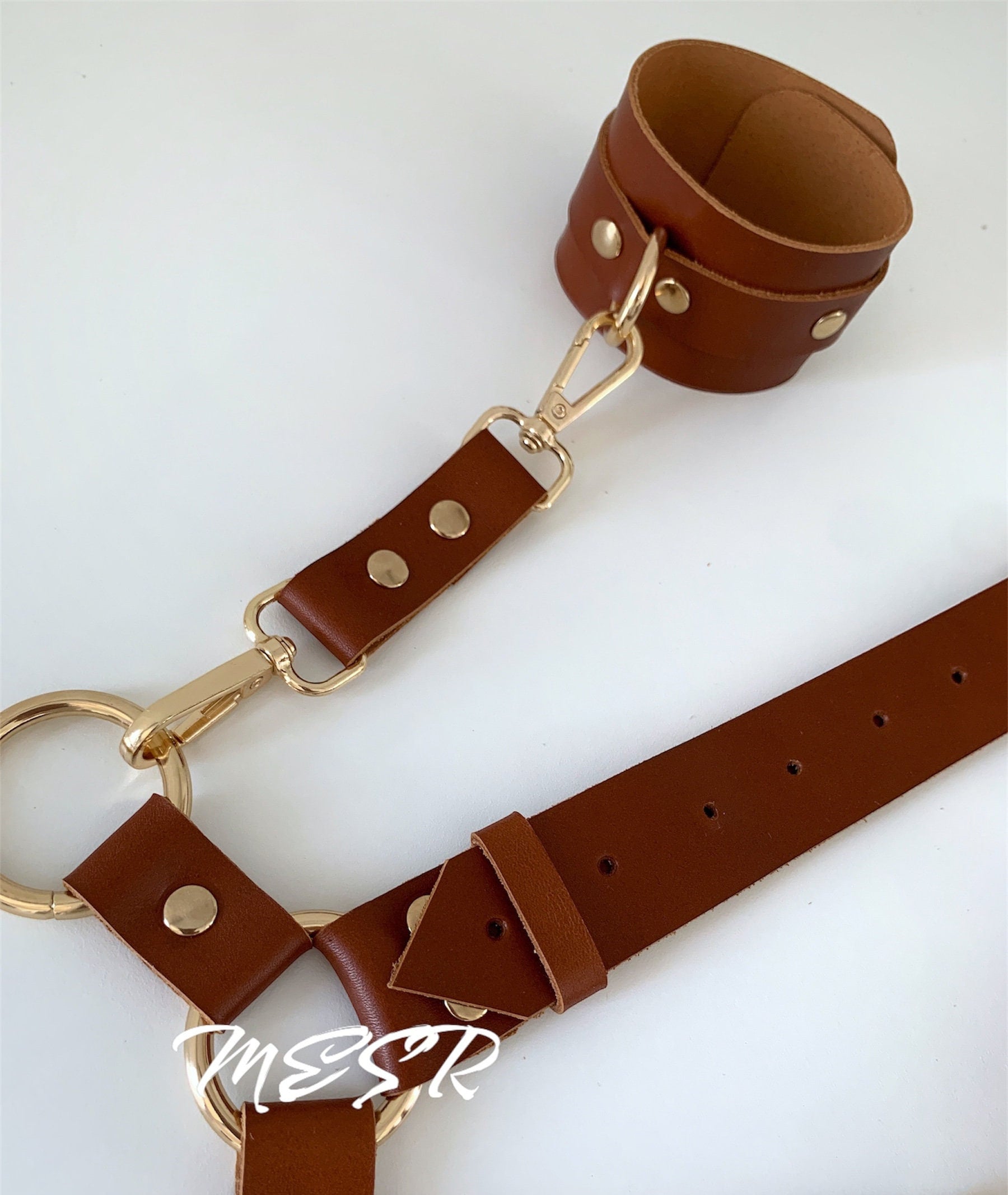 Leather Collar and Handcuff, Harness for Women, Cuffs and Collar Choker ...