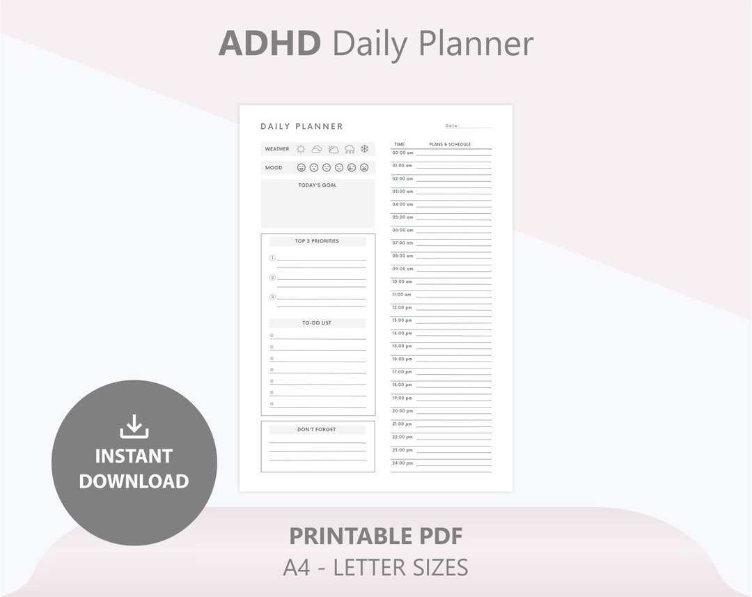 ADHD Planners, Planners for ADHD, Daily Planner, Printable Planners, A4 ...