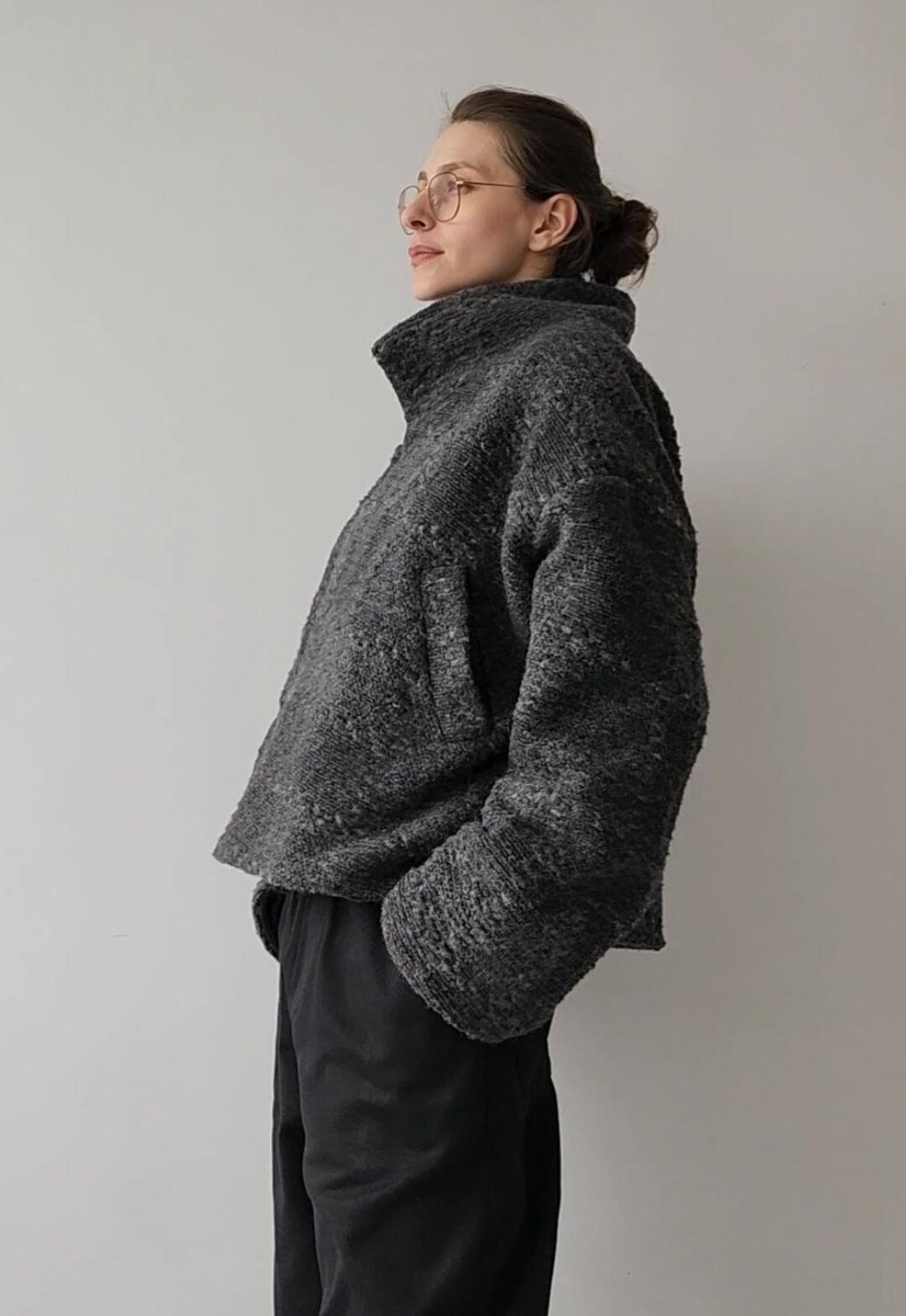 Oversized Tweed Wool Cropped Coat: Women's Minimalist, Grey Textured ...