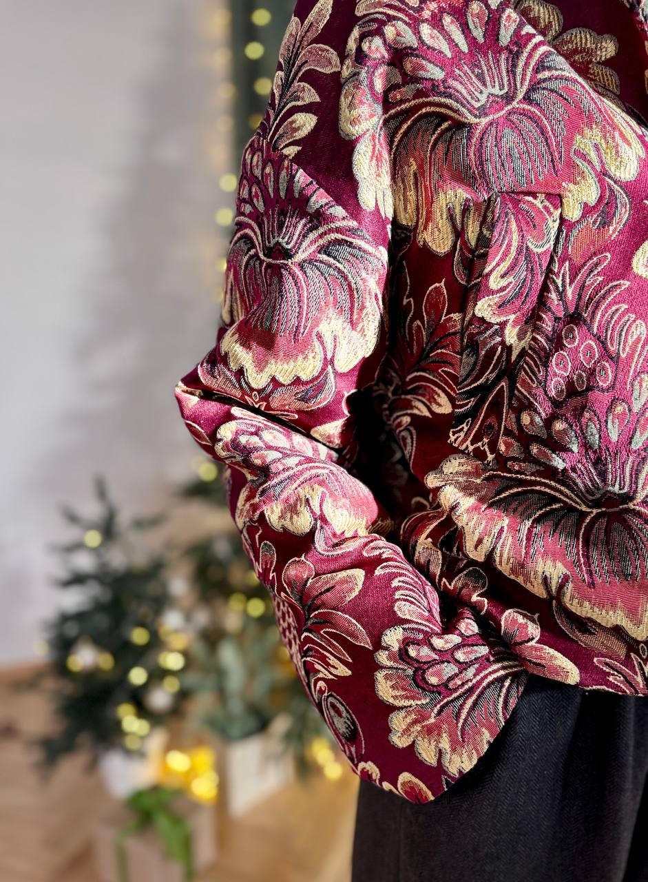 Bohemian Jacquard Tapestry Jacket: Red & Gold Floral Crop, Renaissance ...