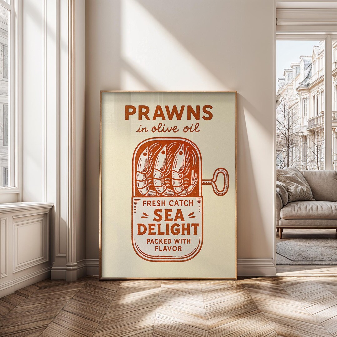 Prawns in Olive Oil Poster, Vintage Seafood Kitchen Wall Art, Sea ...