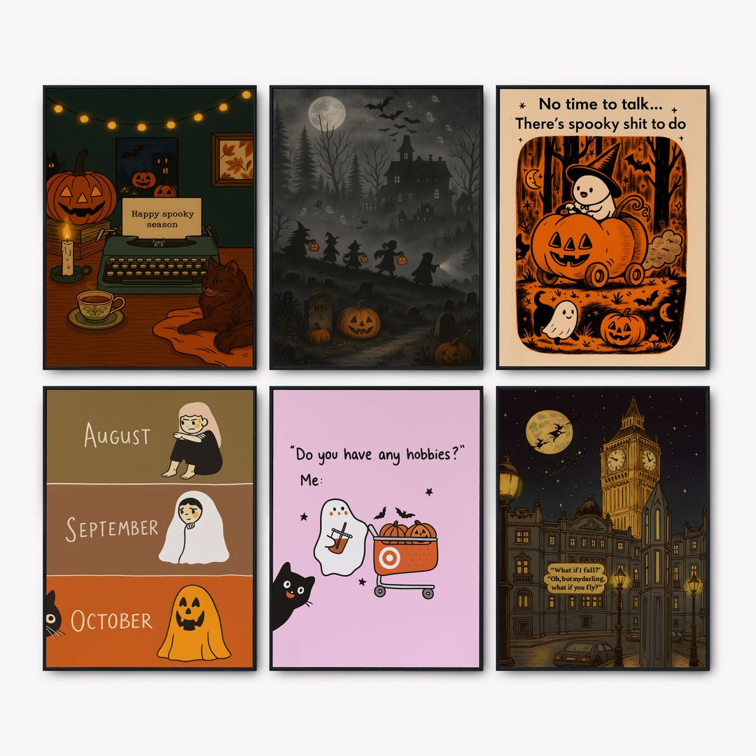 6x Halloween Wall Art Digital Bundle | Spooky Cute Ghost Cat Pumpkin ...