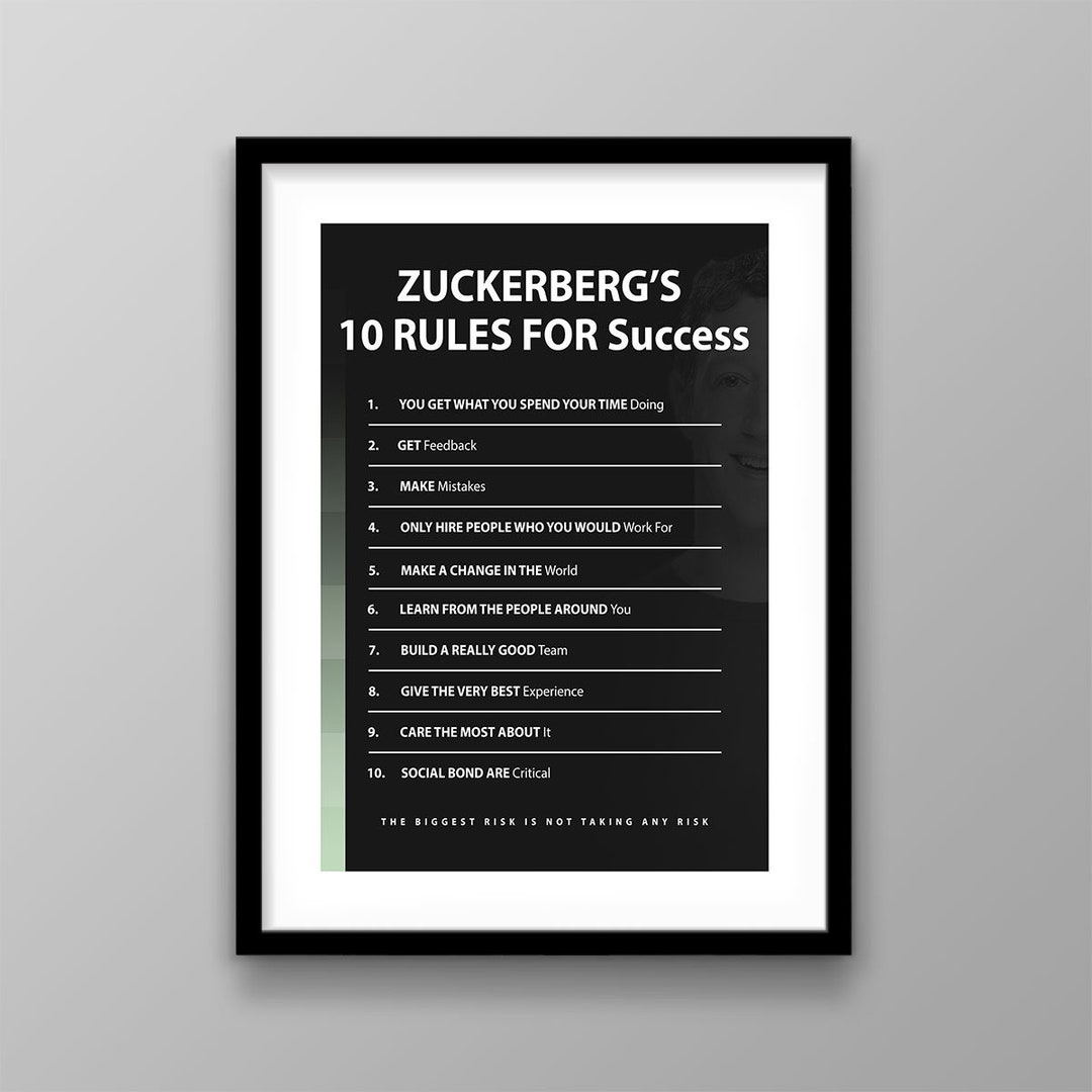 Mark Zuckerberg 10 Rules for Success Wall Art, Facebook CEO Sign ...