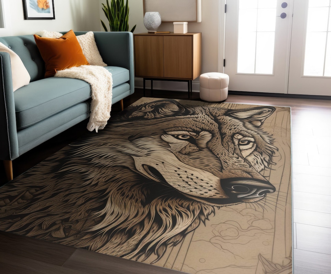 Wood Burned Style Wolf Area Rug 100% Polyester Chenille Rustic Woodland ...