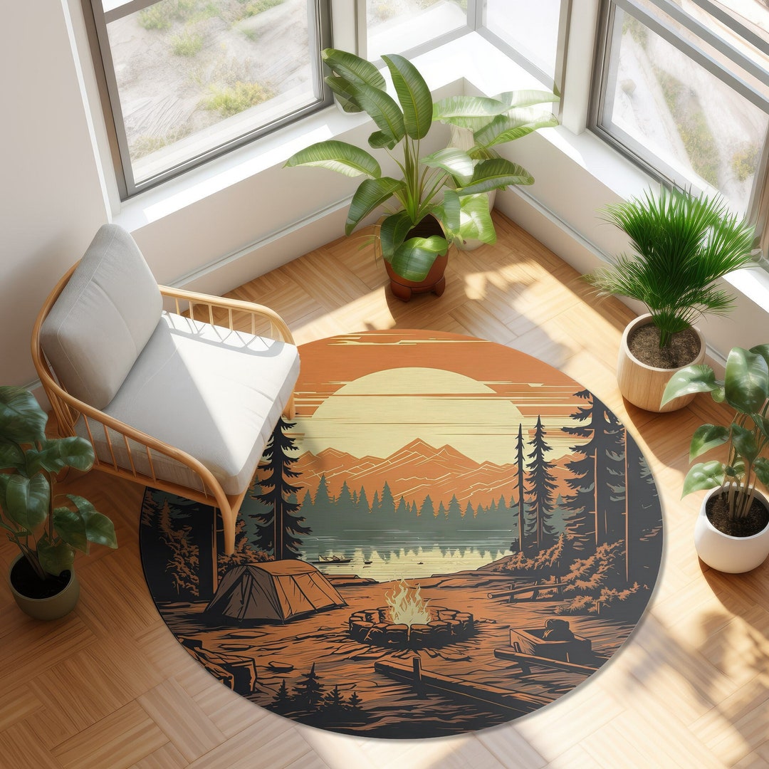 Campfire in Mountain Forest Campground Round Chenille Area Rug, Rustic ...