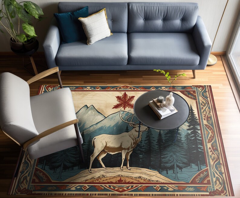 Albino Elk in Pine Tree Forest Scene Chenille Area Rug, Rustic Woodland ...