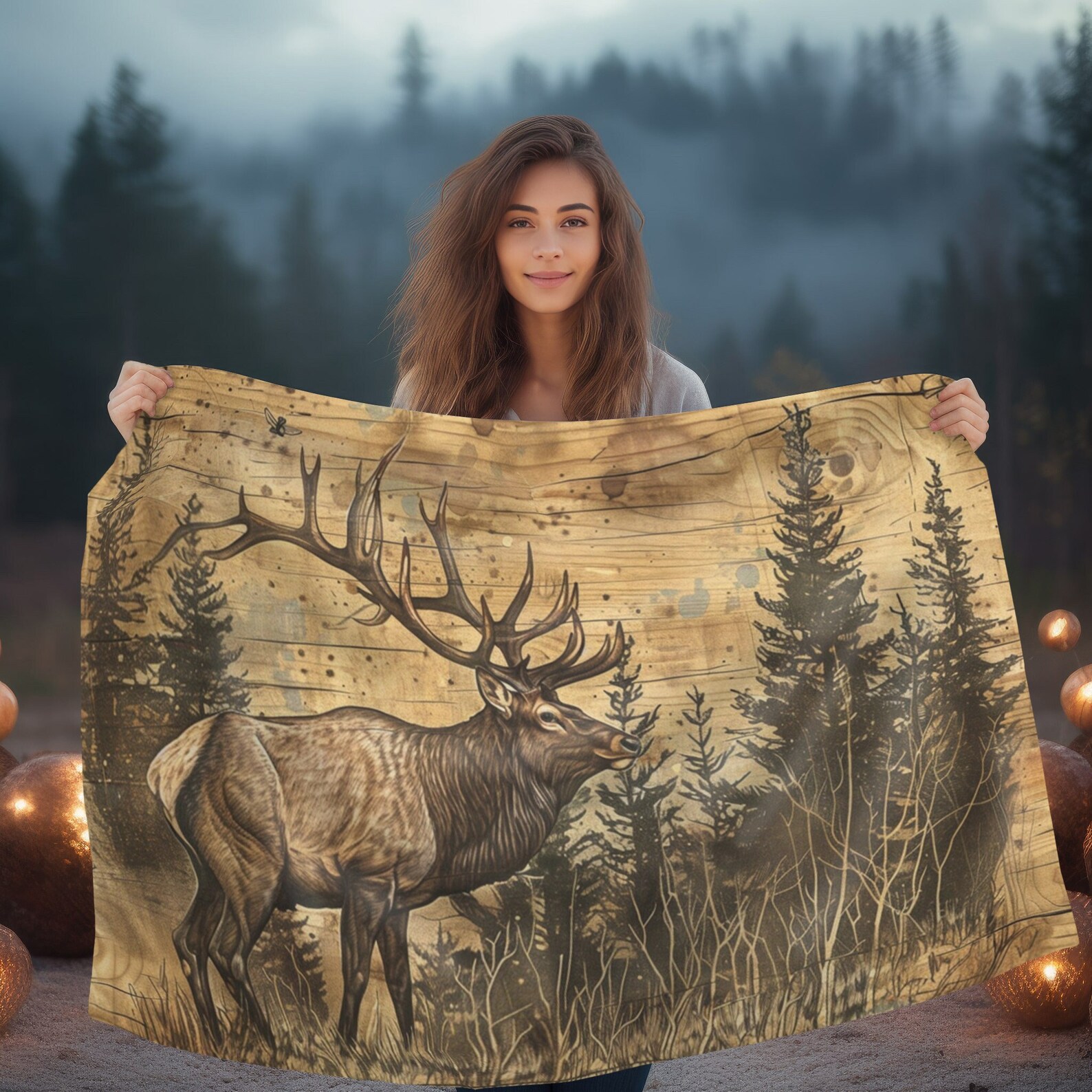Wood Burned Style Majestic Elk Double Sided Throw Blanket, Rustic ...