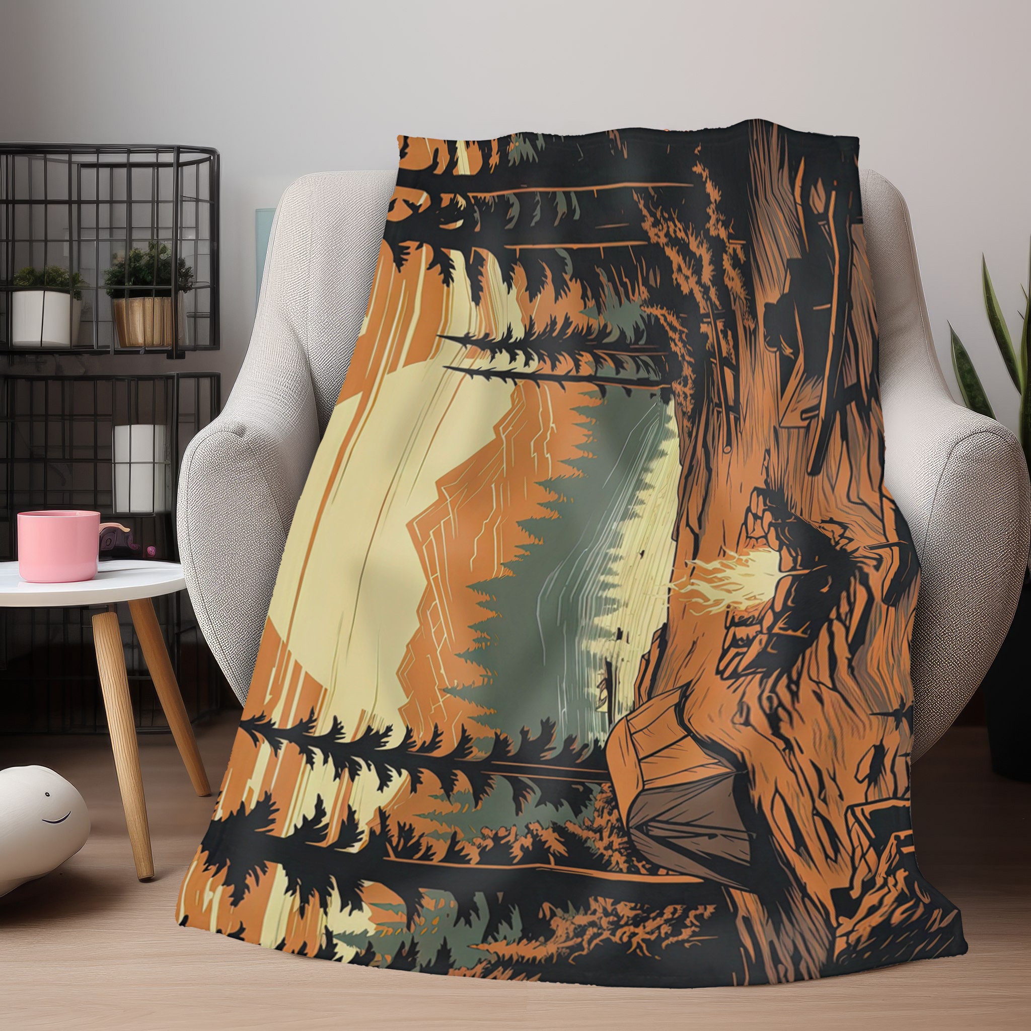 Campfire in Mountain Forest Campground Double Sided Blanket, Rustic ...