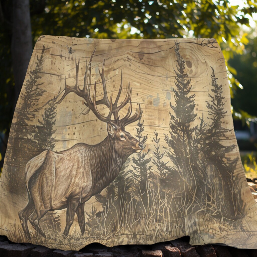Wood Burned Style Majestic Elk Double Sided Throw Blanket, Rustic ...