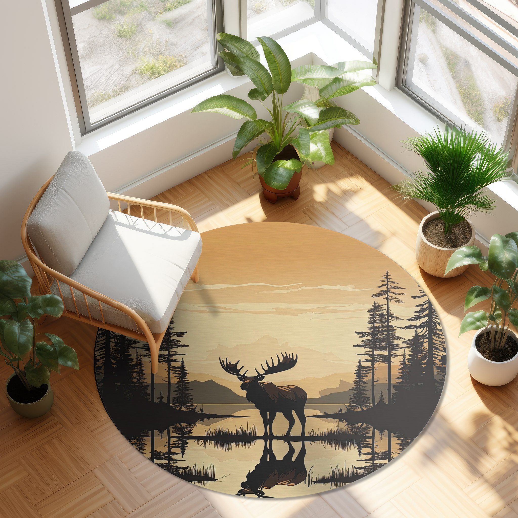 Moose and Pine Tree Forest Scene Silhouette Round Area Rug - Etsy