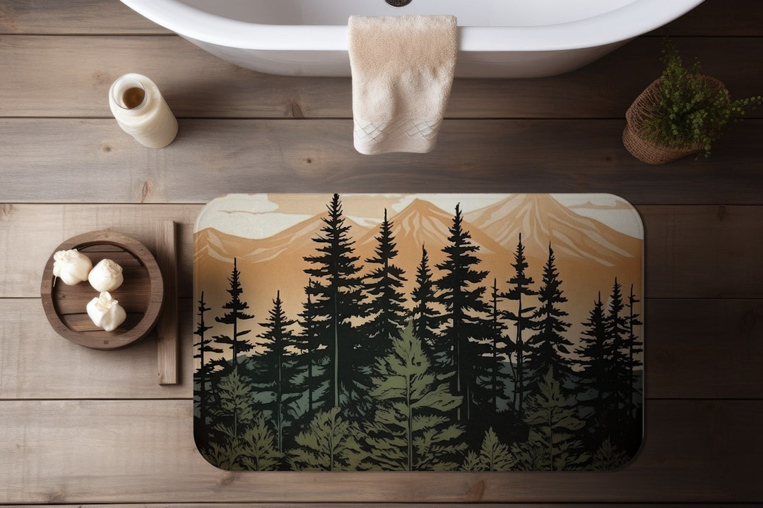 Pine Tree Forest in Front of Mountain Range Microfiber Bath Mat, Rustic ...