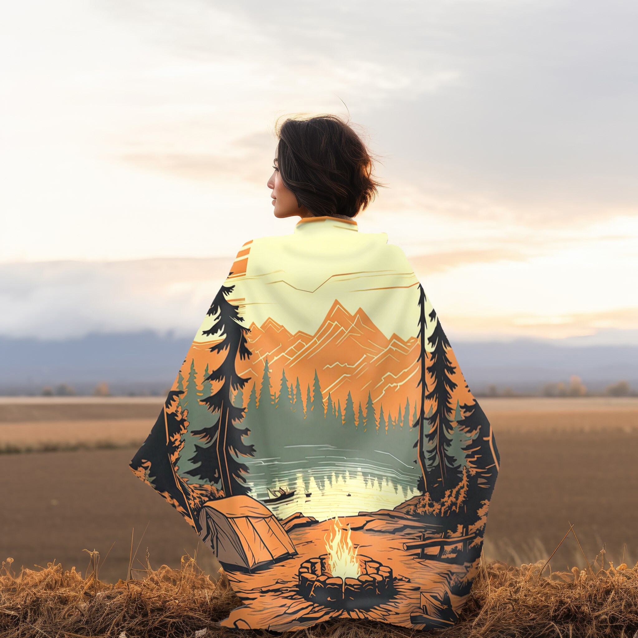 Campfire in Mountain Forest Campground Double Sided Blanket, Rustic ...