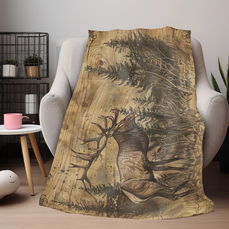 Wood Burned Style Majestic Elk Double Sided Throw Blanket, Rustic ...