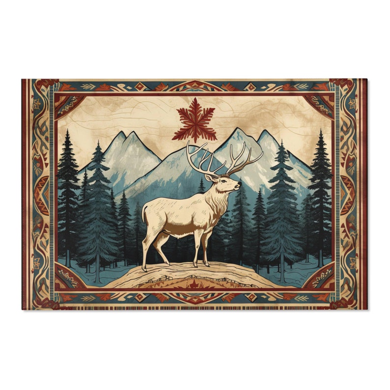 Albino Elk in Pine Tree Forest Scene Chenille Area Rug, Rustic Woodland ...
