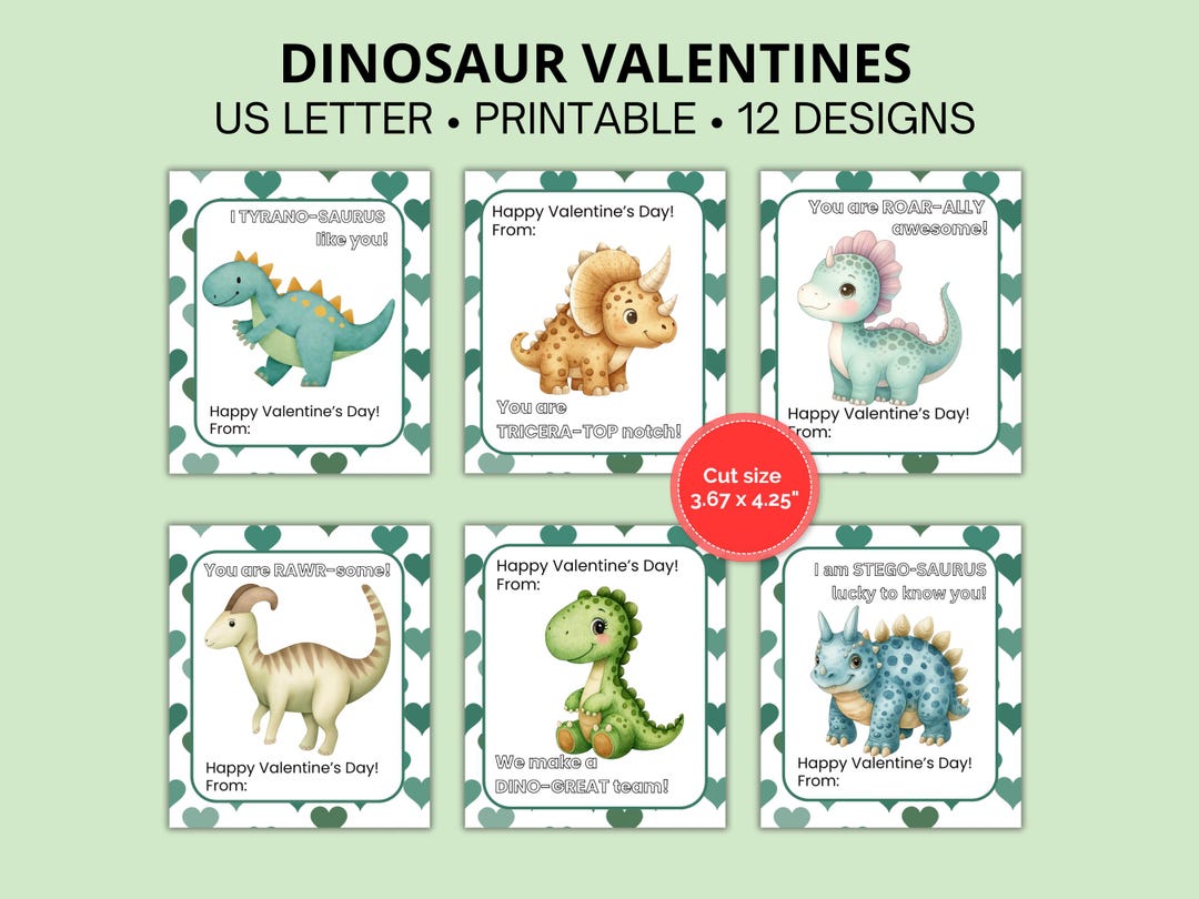 12 Dinosaur Valentine Cards for Kids, Cute Dino Valentines, Classroom ...