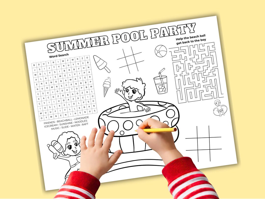 5 Summer Pool Party Activity Placemats, Kids Birthday Party Coloring ...