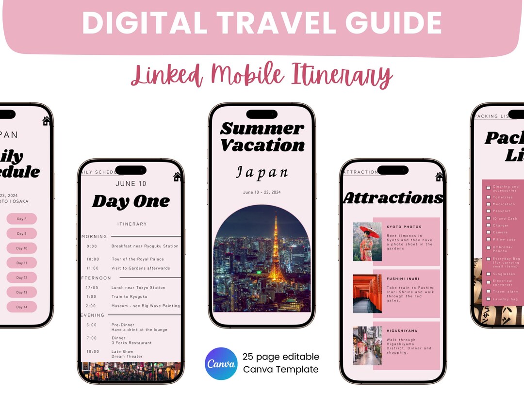 Editable Digital Travel Itinerary Planner Template | 25-page Canva Trip ...