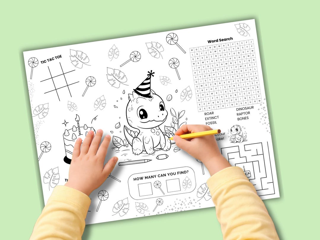 5 Dinosaur Activity Placemats, Kids Birthday Party Printable Games ...