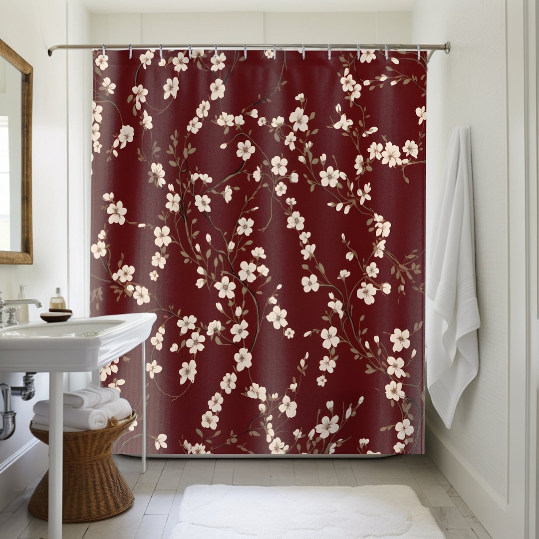 Red Modern Farmhouse Shower Curtain Premium Floral Home Decor Water ...