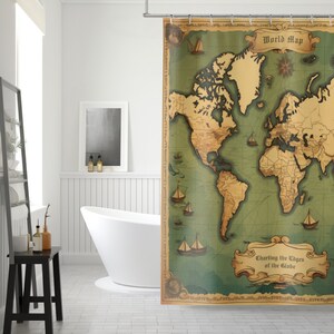 World Map Shower Curtain Atlas Geographic Home Decor Unique Vintage ...