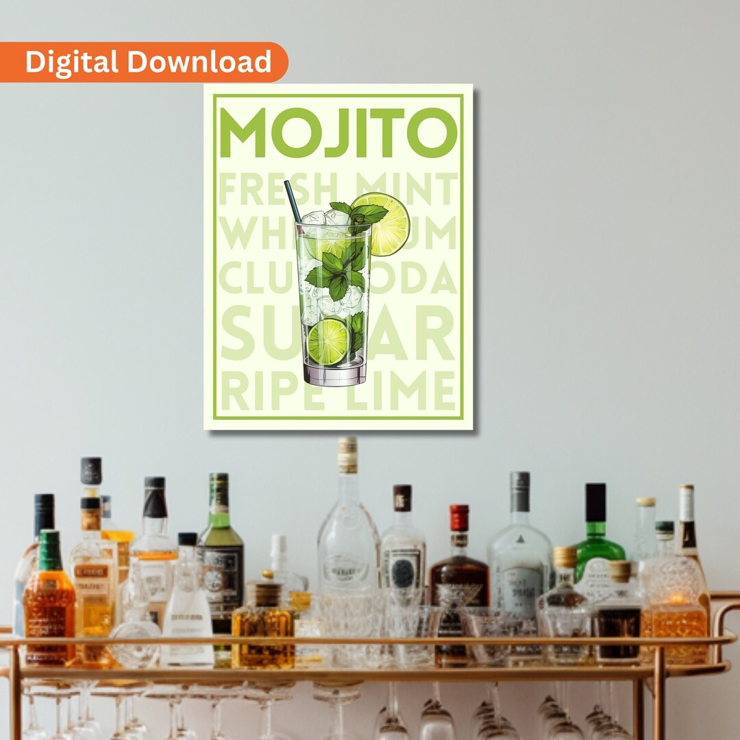 Cocktail Mojito Posters Digital Download Bar Decor Retro Drink Recipe ...