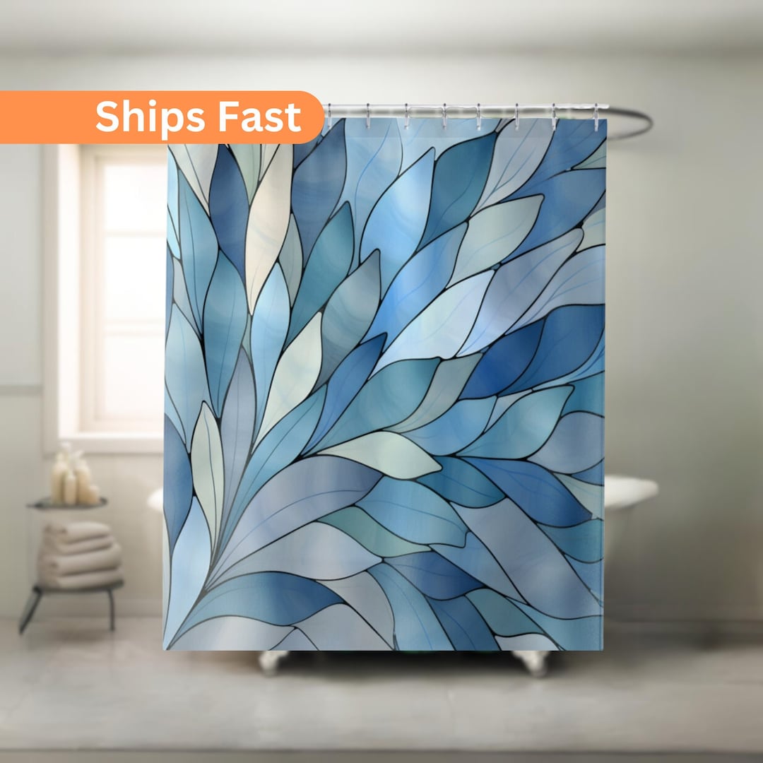 Light Blue Shower Curtain Leafy Stained Glass Petal Pattern Premium ...