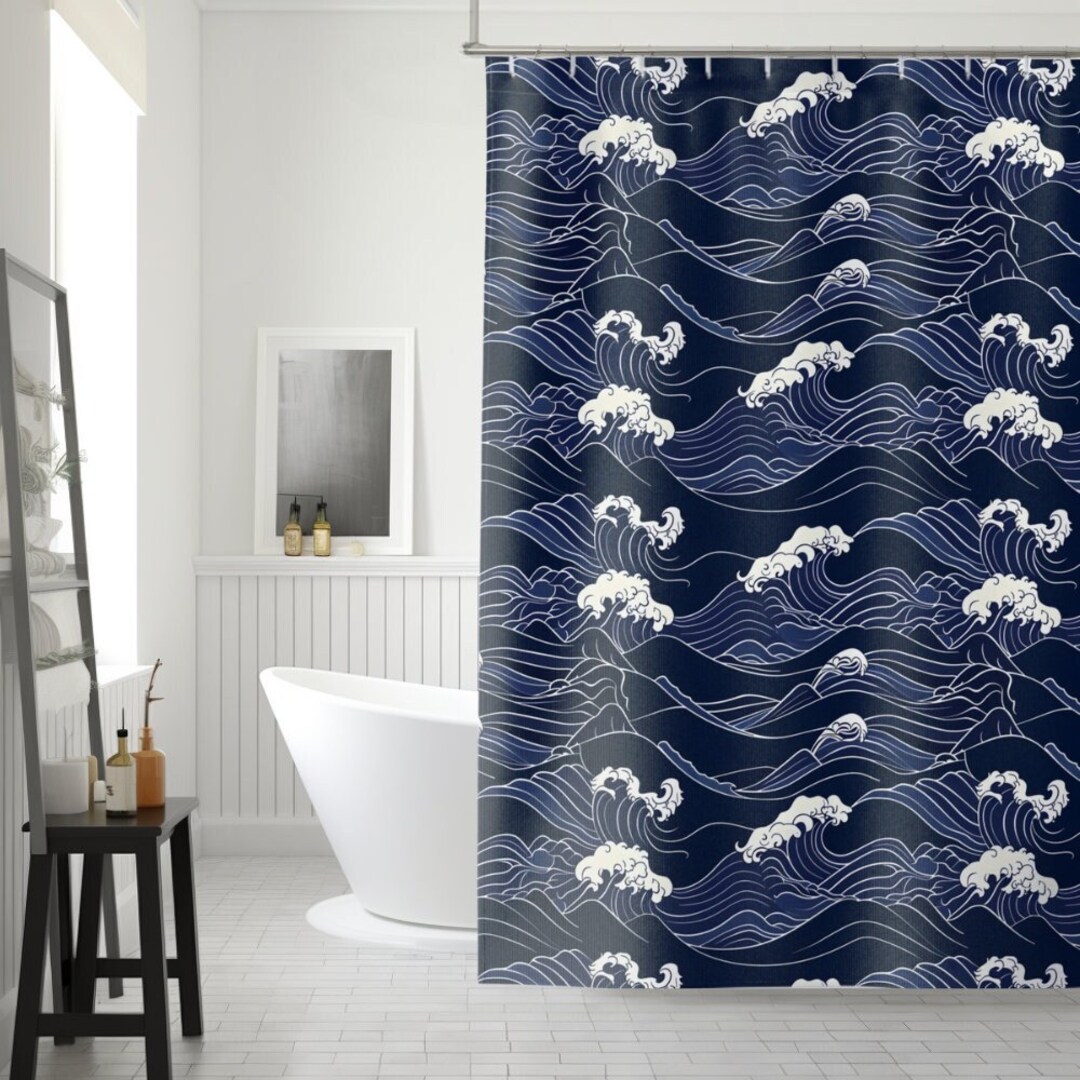 Indigo Waves Shower Curtain 71x74 Inch Serene Ocean Design Calming Sea ...