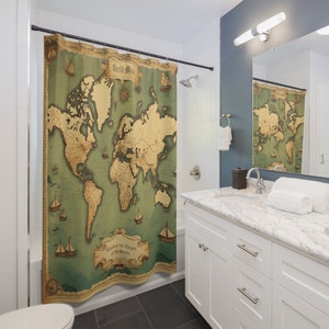 World Map Shower Curtain Atlas Geographic Home Decor Unique Vintage ...