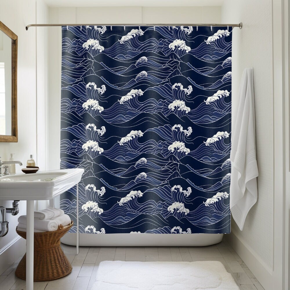 Indigo Waves Shower Curtain 71x74 Inch Serene Ocean Design Calming Sea ...
