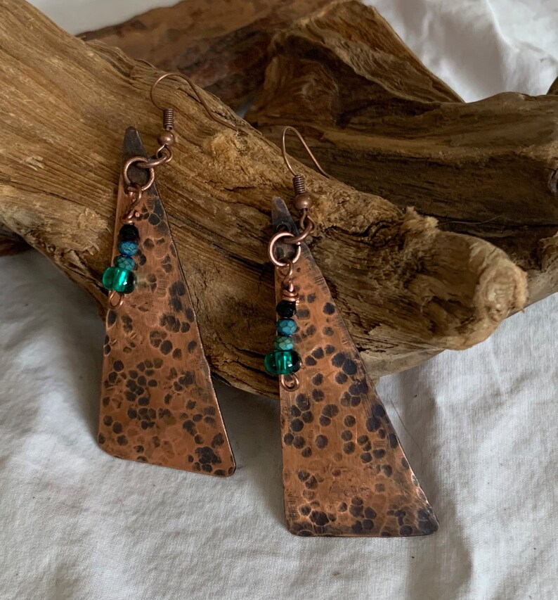 Earrings Textured Copper Long Triangles With Blue Bead Embellishment - Etsy