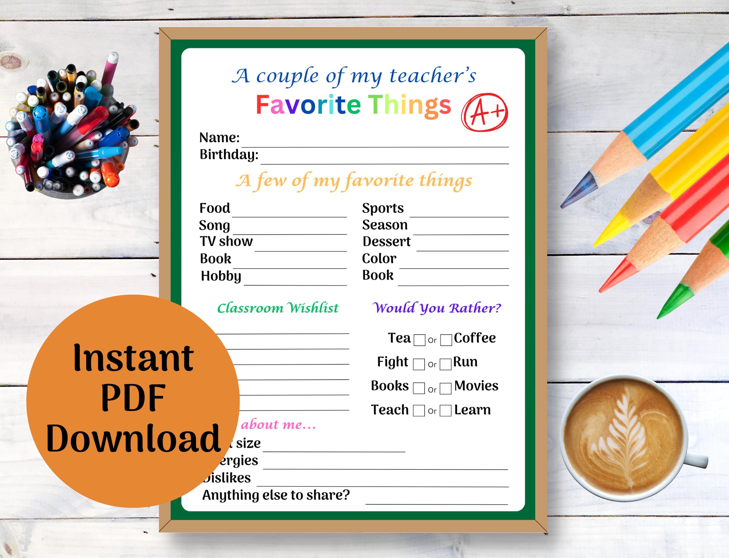 Teacher Favorite Things, All About My Teacher, Fun Teacher's Survey ...