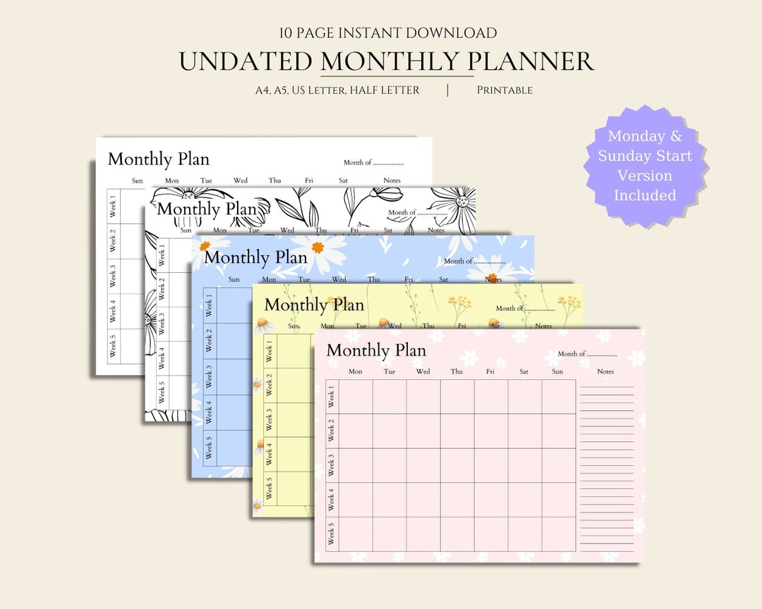 Undated Monthly Planner Printable Planner PDF Download Digital Planner ...