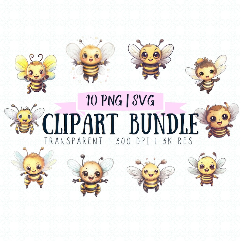 Kawaii Bee Clipart Bundle Cute Bumble Bees Clip Art Watercolor Cute ...