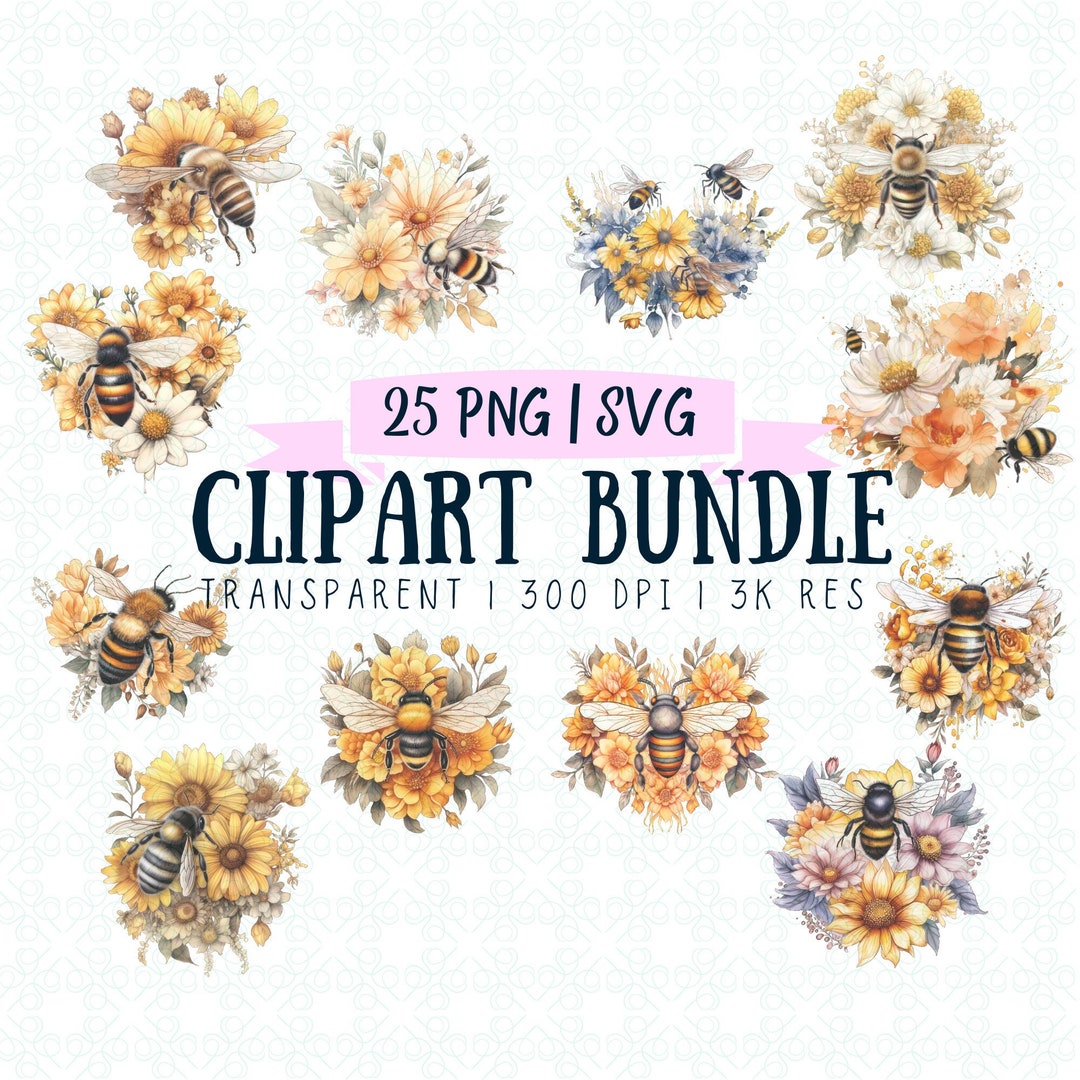 Floral Bee Clipart Bundle Beautiful Flowers Clip Art Watercolor Cute ...