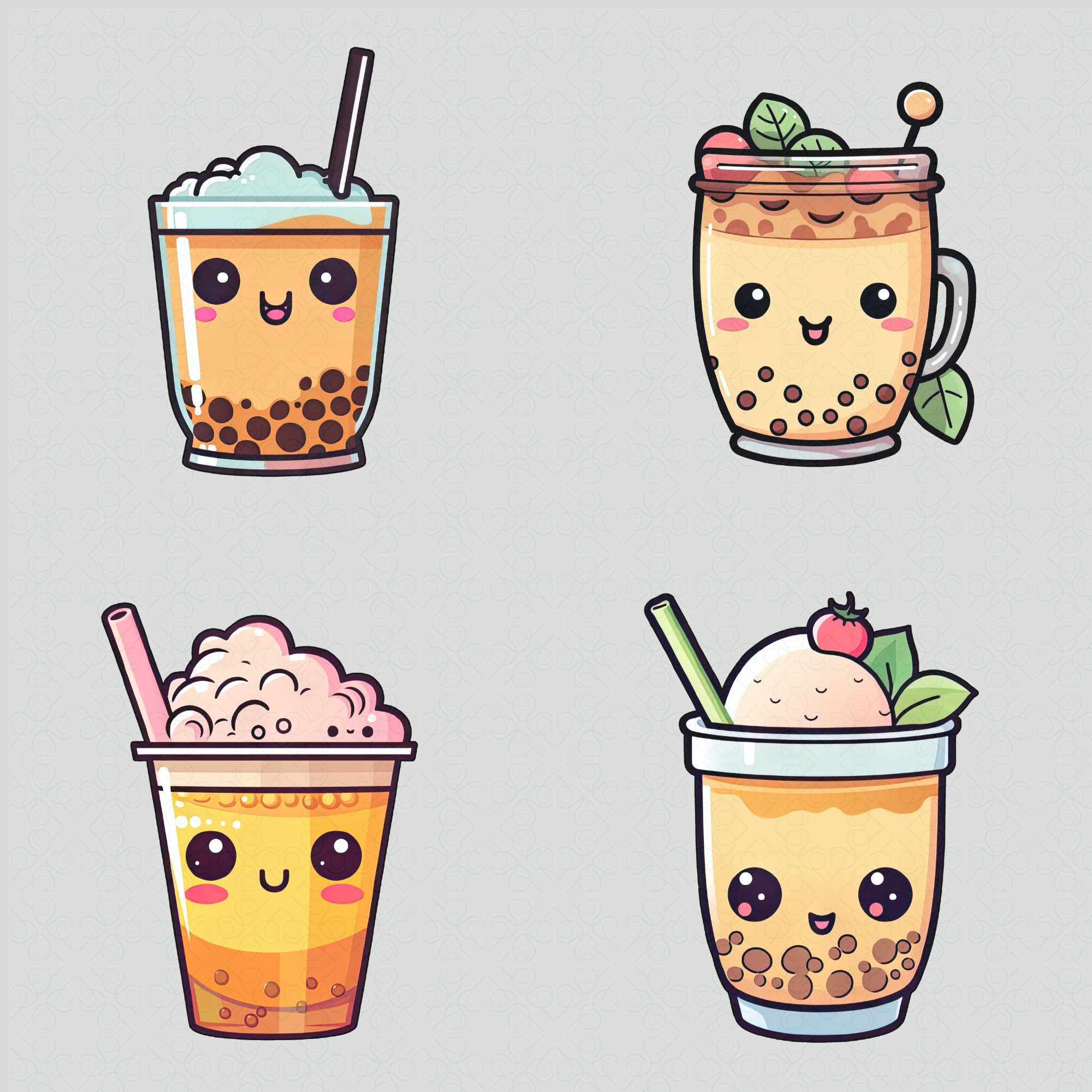 Kawaii Boba Tea Clipart PNG Bundle Cute Graphics Kawaii Clipart Digital ...