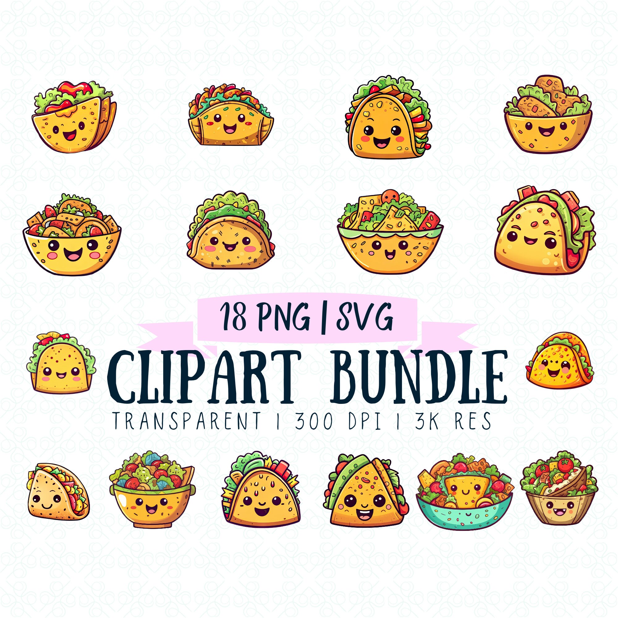 Taco Tuesday Kawaii Clipart Bundle Cute PNG Taco Bowls Graphics Cartoon ...