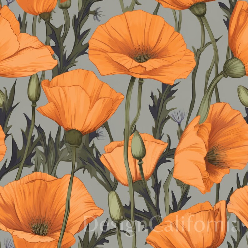 California Poppies Seamless Pattern Digital Paper Set - Instant ...