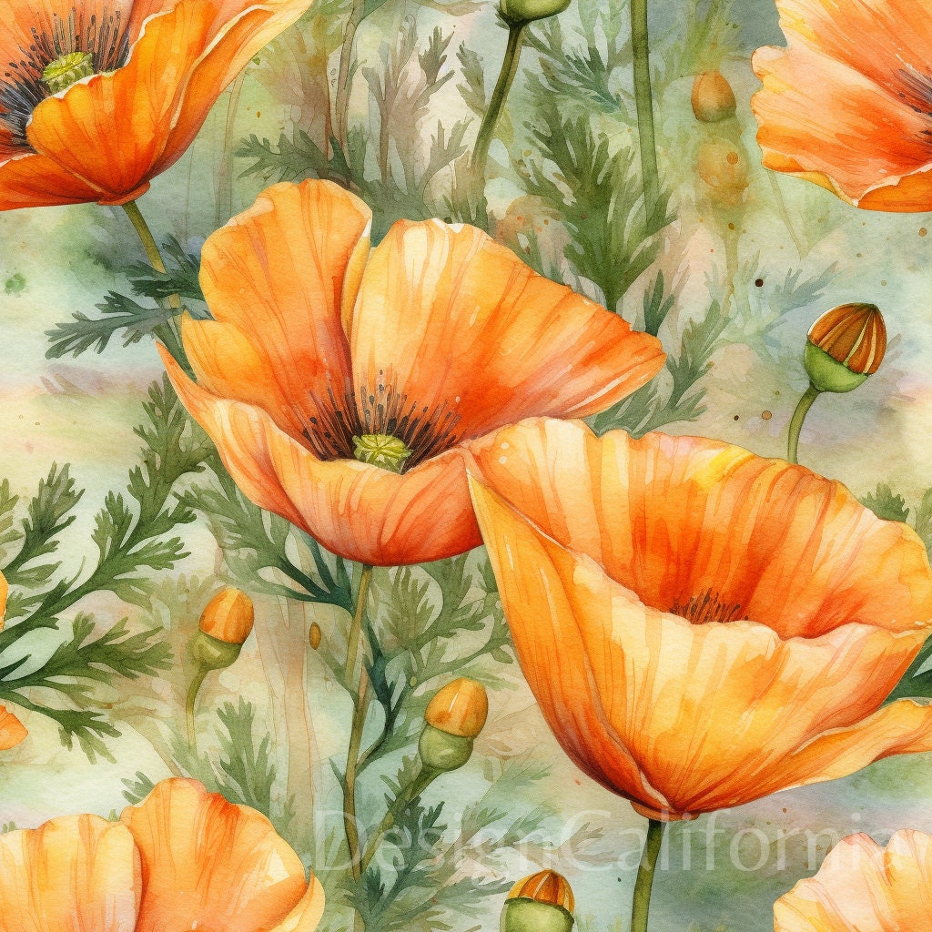 California Poppies Seamless Pattern Digital Paper Set - Instant ...