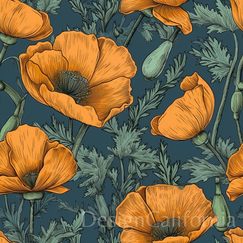 California Poppies Seamless Pattern Digital Paper Set - Instant ...